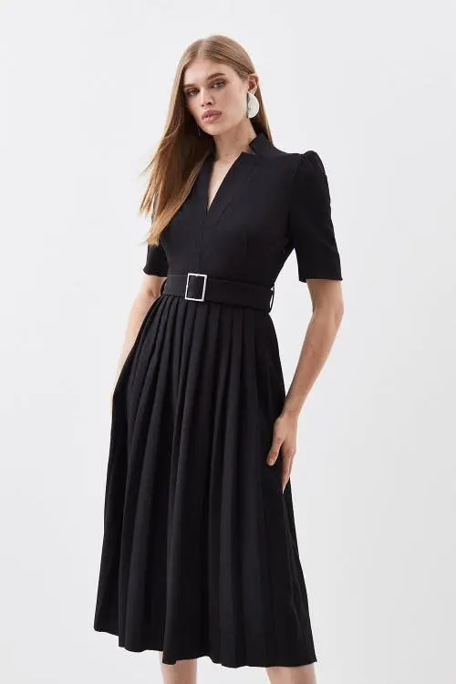 Karen Millen Structured Crepe Belted Midi Dress - Black