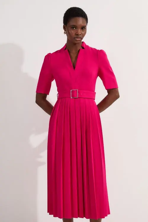 Karen Millen Structured Crepe Belted Midi Dress - Magenta
