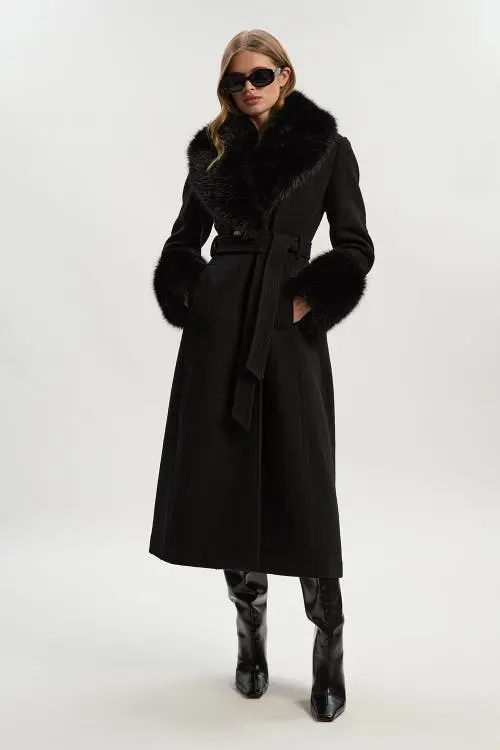 Karen Millen Wool-blend Belted Midi Coat With Detachable Faux Fur