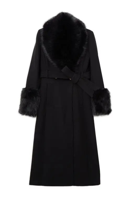 Karen Millen Wool-blend Belted Midi Coat With Detachable Faux Fur