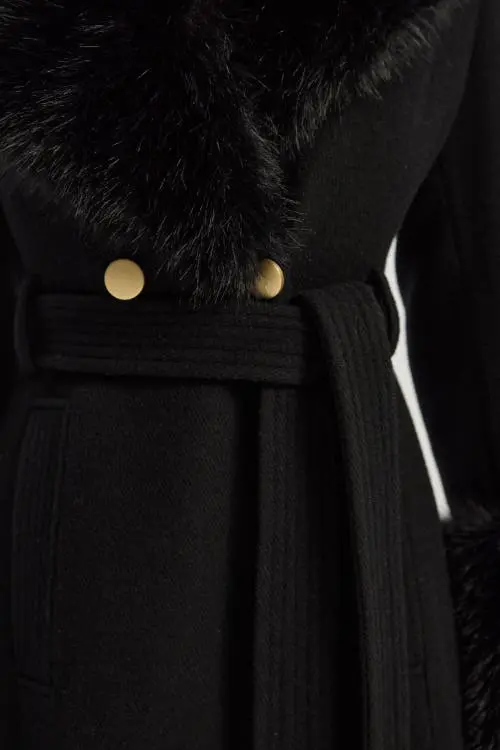 Karen Millen Wool-blend Belted Midi Coat With Detachable Faux Fur