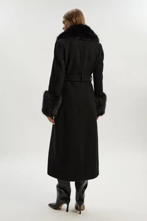 Karen Millen Wool-blend Belted Midi Coat With Detachable Faux Fur