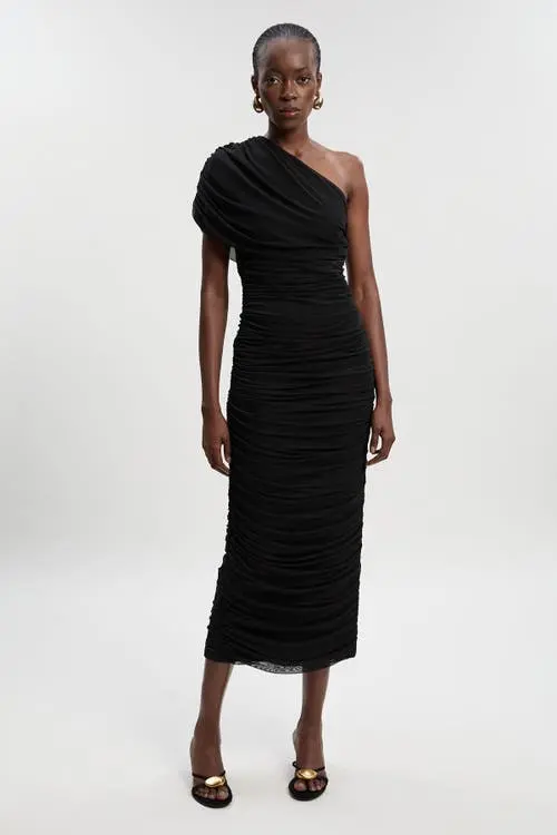Karen Millen Mesh Asymmetric Neck Knit Maxi Dress - Black