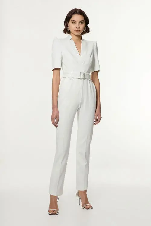 Karen Millen Petite Crepe Belted Jumpsuit - Ivory