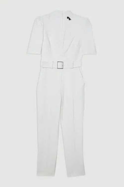 Karen Millen Petite Crepe Belted Jumpsuit - Ivory
