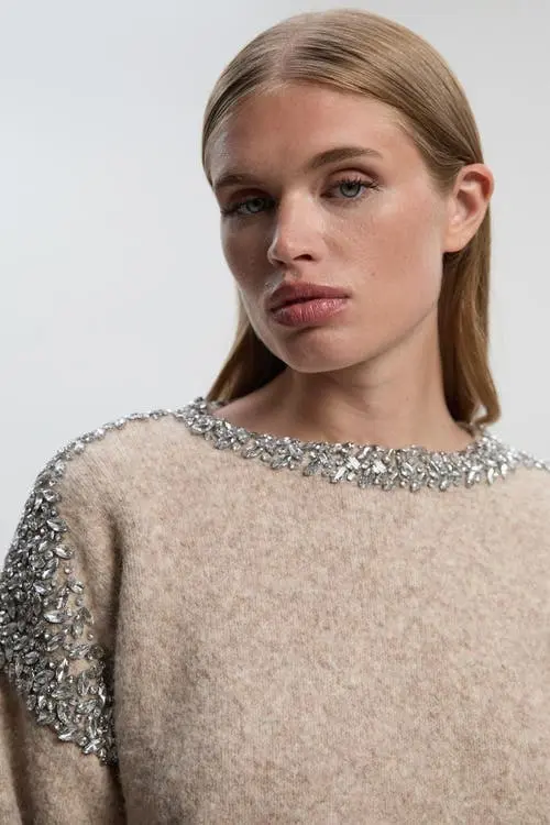 Karen Millen Embellished Trim Knit Jumper - Oatmeal