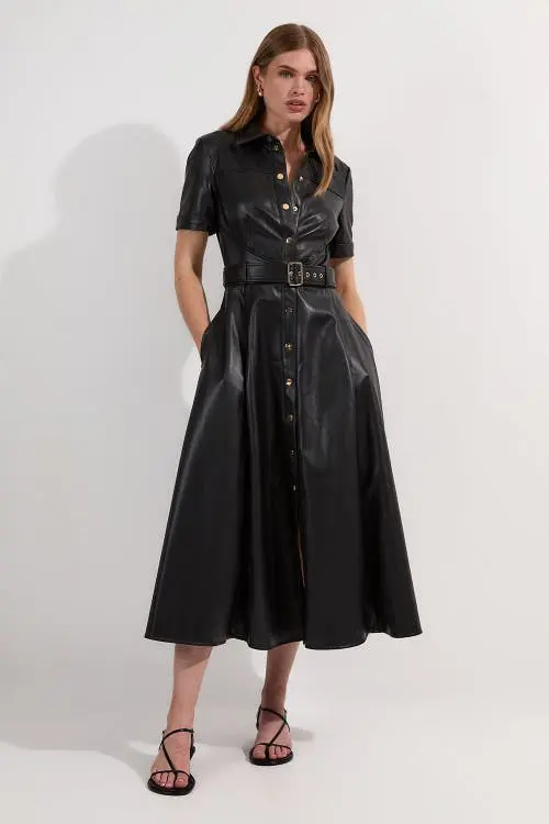 Karen Millen Faux Leather Belted Midi Shirt Dress - Black