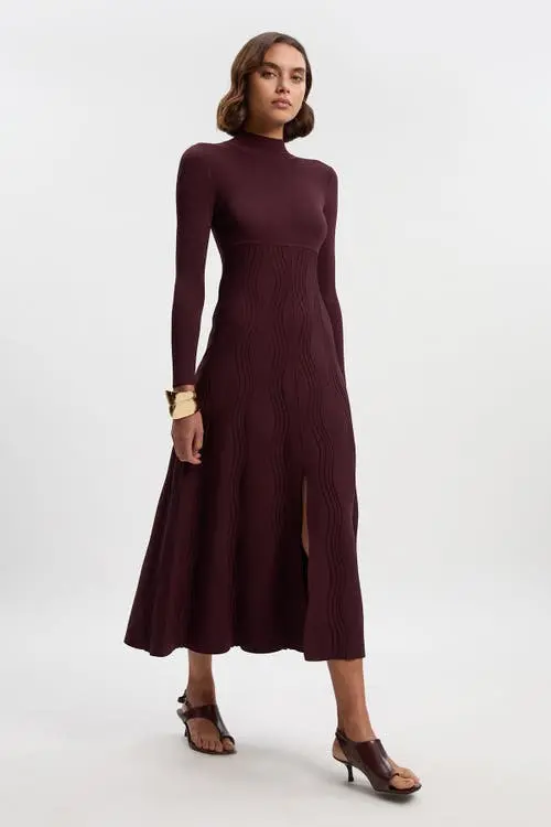 Karen Millen Wave Knit A-line High Neck Long Sleeve Dress