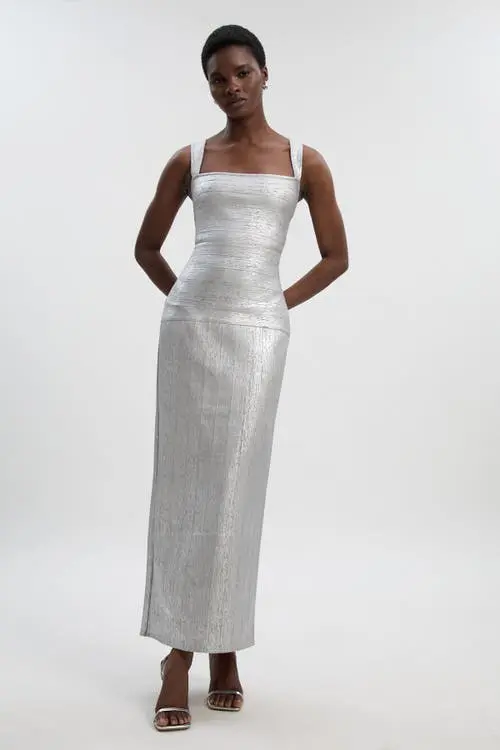 Karen Millen Metallic Strappy Square Neck Maxi Dress - Silver