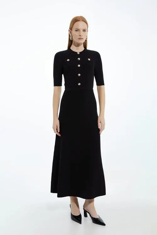 Karen Millen Rib Knit Military Trim Maxi Dress - Black