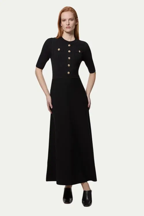 Karen Millen Rib Knit Military Trim Maxi Dress - Black