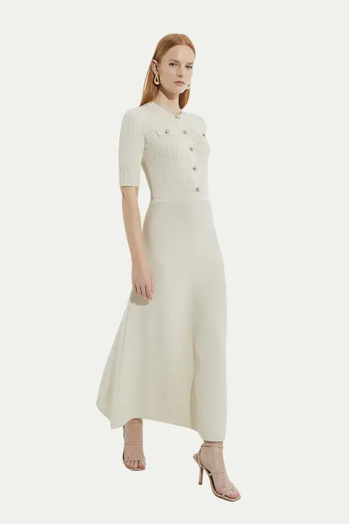 Karen Millen Rib Knit Military Trim Maxi Dress - Cream
