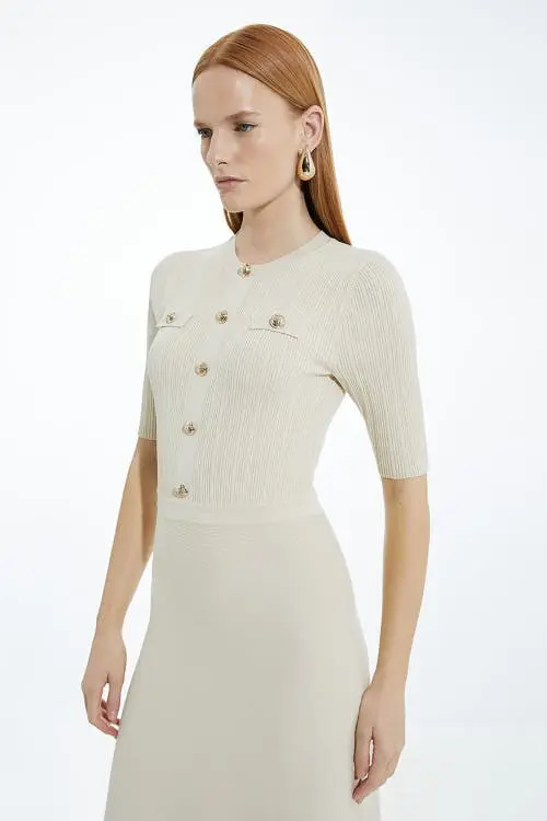 Karen Millen Rib Knit Military Trim Maxi Dress - Cream