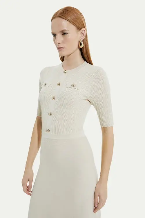 Karen Millen Rib Knit Military Trim Maxi Dress - Cream
