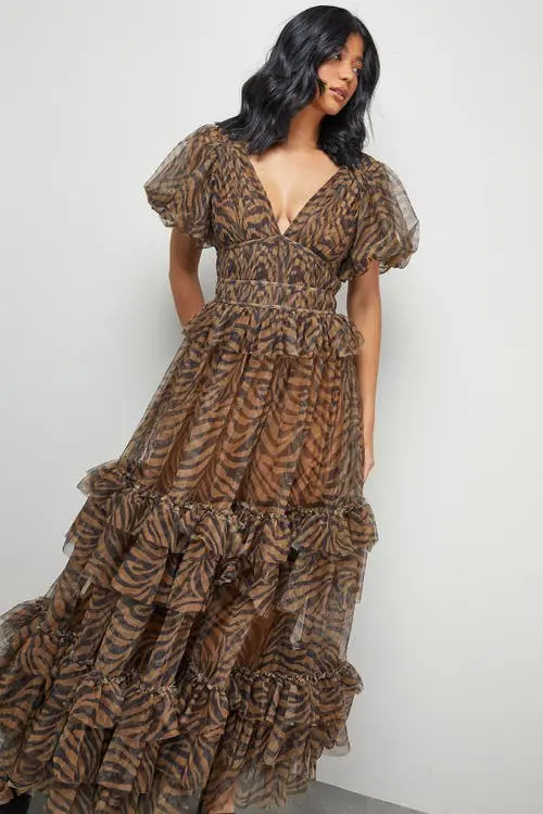 WAREHOUSE Zebra Print Tulle Ruffle Maxi Dress