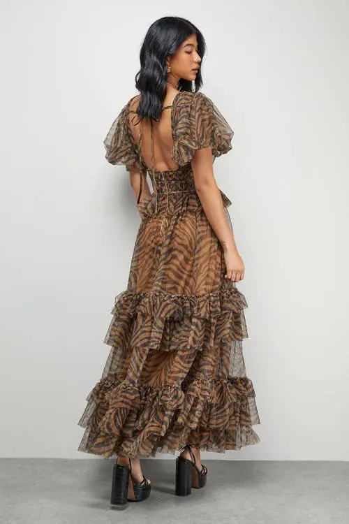 WAREHOUSE Zebra Print Tulle Ruffle Maxi Dress
