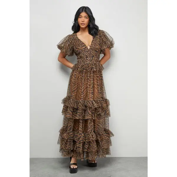 WAREHOUSE Zebra Print Tulle Ruffle Maxi Dress - Animal