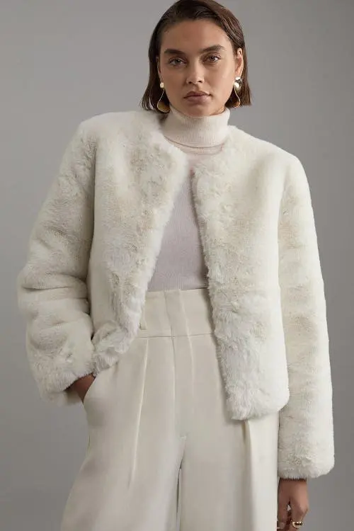 Karen Millen Faux Fur Collarless Cropped Jacket - Ivory