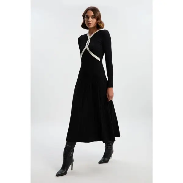 Karen Millen Rib Knit Trim Full Skirt Midi Dress - Mono