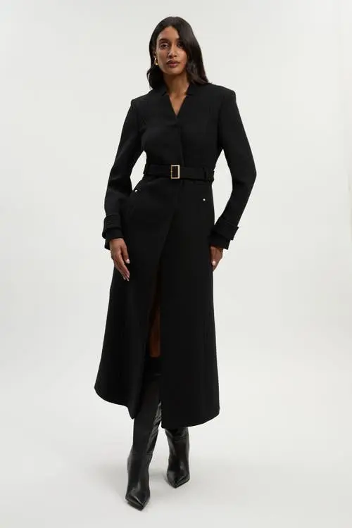 Karen Millen Wool Notch Neck Belted Maxi Coat - Black