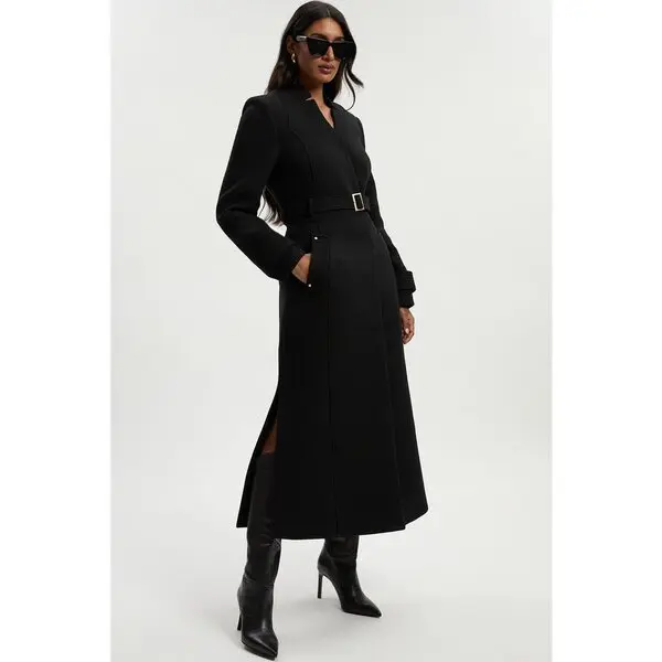 Karen Millen Wool Notch Neck Belted Maxi Coat - Black
