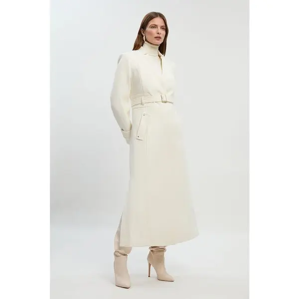 Karen Millen Wool Notch Neck Belted Maxi Coat - Ivory