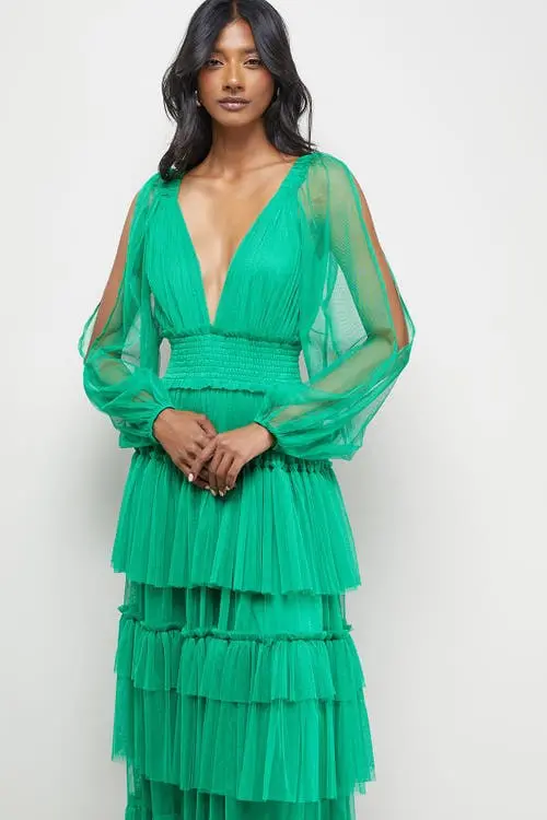 WAREHOUSE Tiered Maxi Dress With Plunge Neckline And Long Sleeves