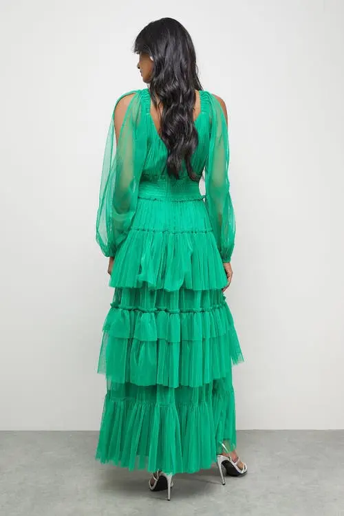 WAREHOUSE Tiered Maxi Dress With Plunge Neckline And Long Sleeves