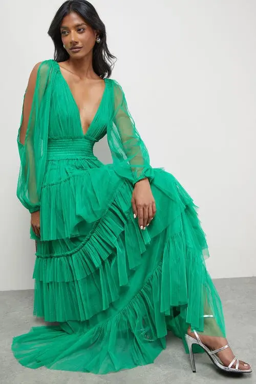 WAREHOUSE Tiered Maxi Dress With Plunge Neckline And Long Sleeves