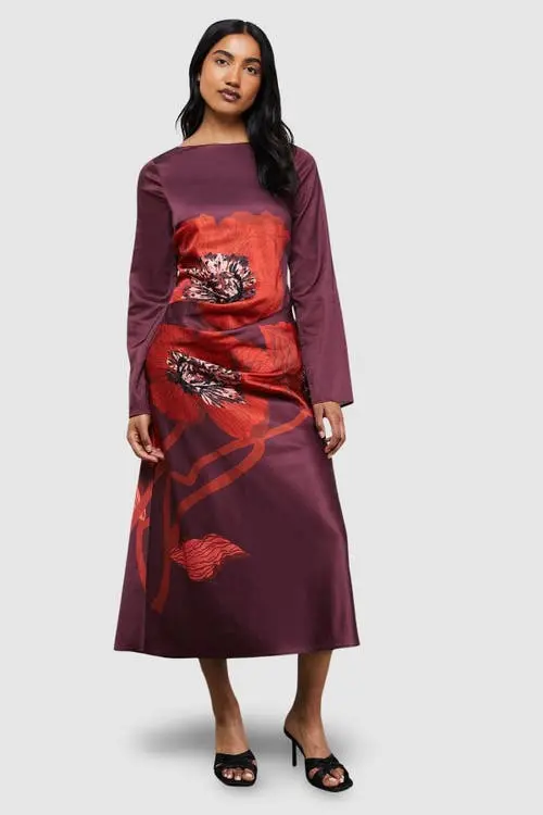 WAREHOUSE Floral Placement Print Satin Midi Dress