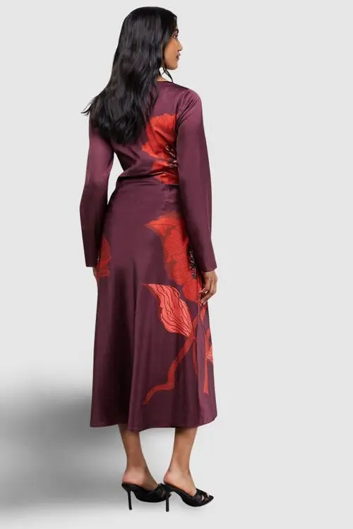 WAREHOUSE Floral Placement Print Satin Midi Dress