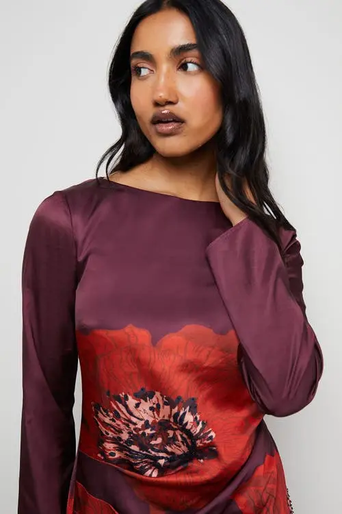 WAREHOUSE Floral Placement Print Satin Midi Dress