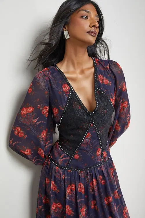 WAREHOUSE Plunge Neck Pleated Maxi Dress