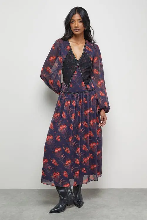 WAREHOUSE Floral Print Plunge Neck Maxi Dress With Lace Detail