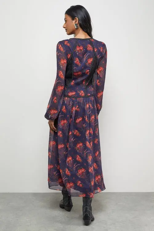 WAREHOUSE Floral Print Plunge Neck Maxi Dress With Lace Detail