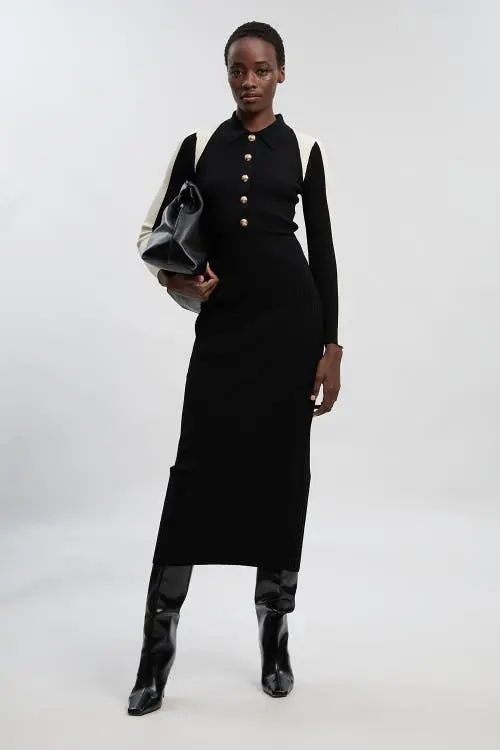 Karen Millen Rib Knit Long Sleeve Military Midi Dress - Black