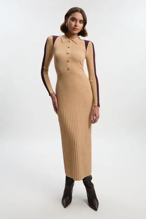 Karen Millen Rib Knit Long Sleeve Military Midi Dress - Natural