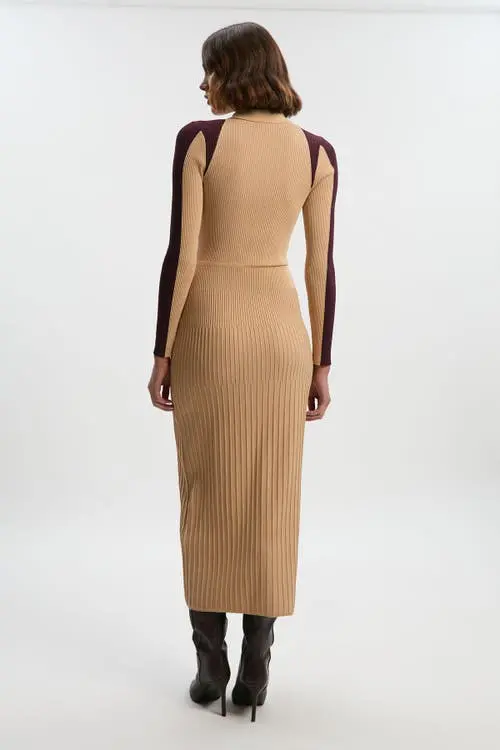 Karen Millen Rib Knit Long Sleeve Military Midi Dress - Natural
