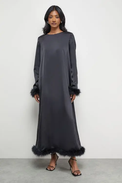 WAREHOUSE Feather-trimmed High Neck Midi Dress