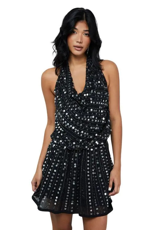 WAREHOUSE Sequin Cowl Front Flippy Mini Dress