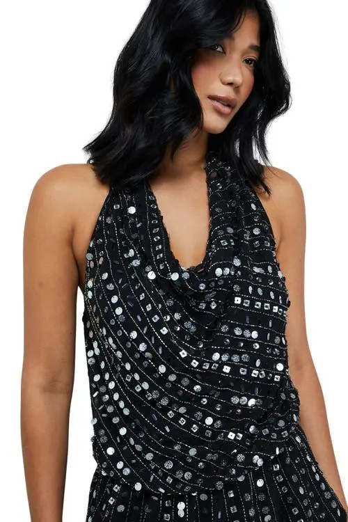 WAREHOUSE Sequin Cowl Front Flippy Mini Dress