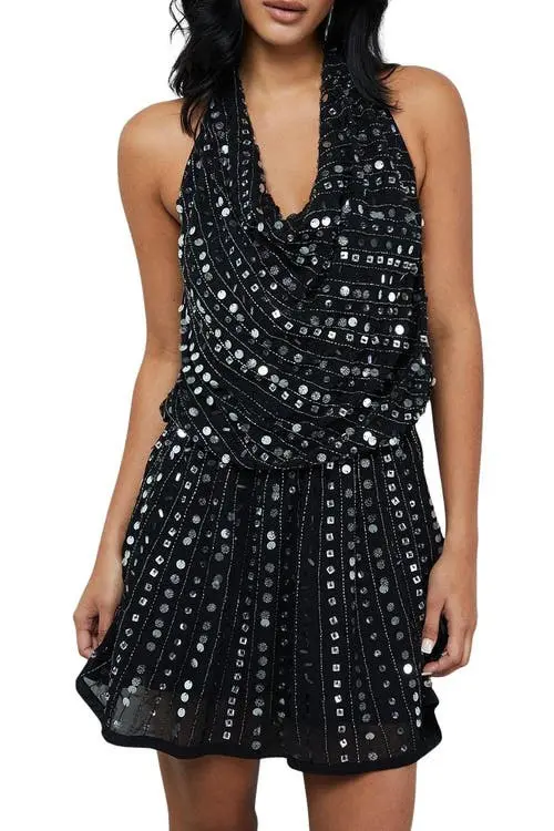 WAREHOUSE Sequin Cowl Front Flippy Mini Dress