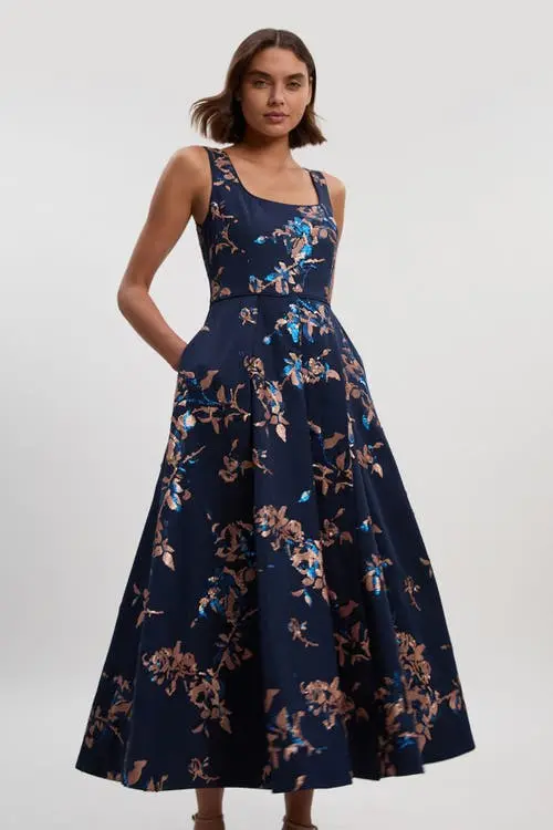 Karen Millen Petite Satin Sequin Floral Midi Dress - Navy