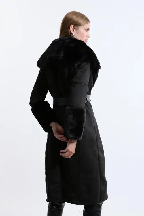 Karen Millen Faux Shearling Belted Midi Coat