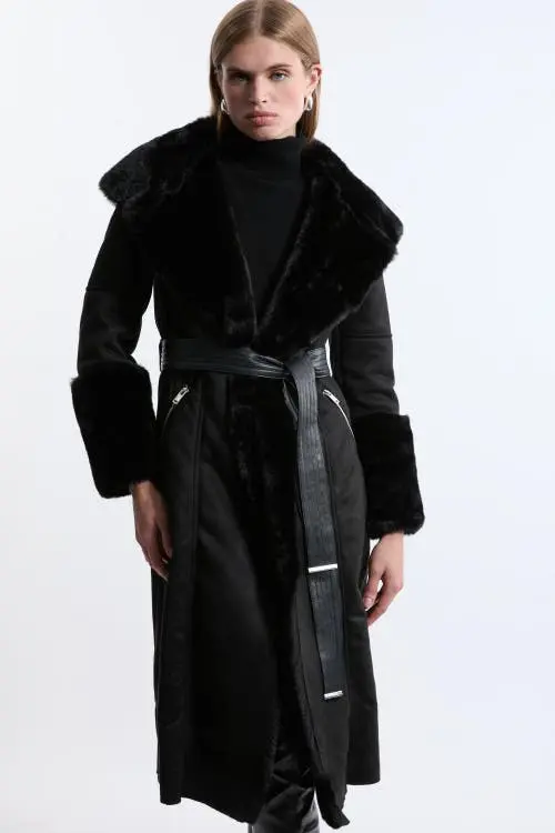 Karen Millen Faux Shearling Belted Midi Coat - Black