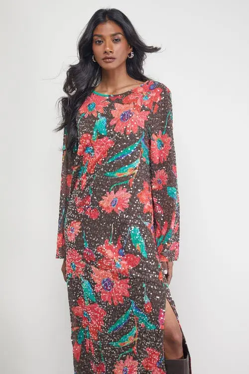 WAREHOUSE Sequin Embellished Floral Column Midi Dress