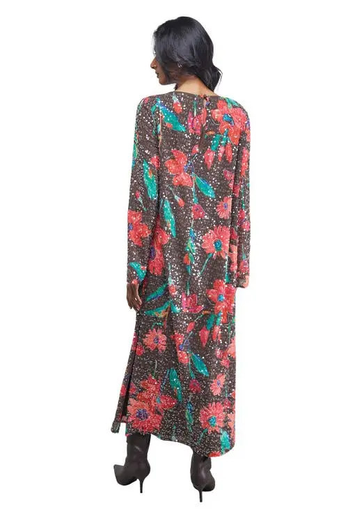 WAREHOUSE Sequin Embellished Floral Column Midi Dress