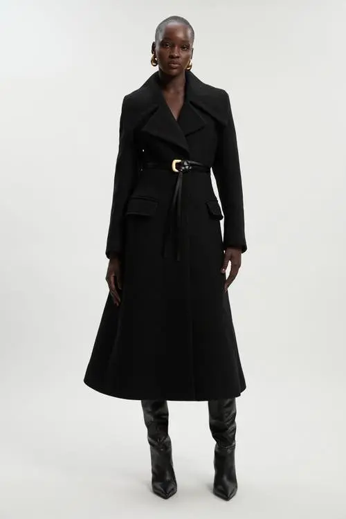 Karen Millen Wool Shawl Collar Belted Midi Coat - Black