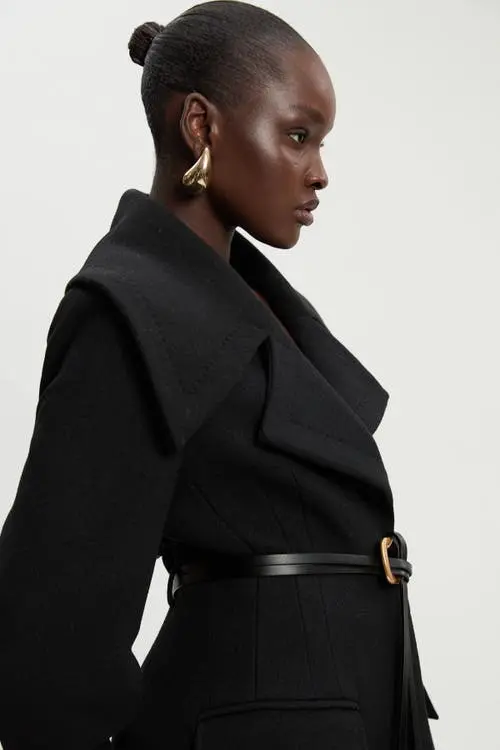 Karen Millen Wool Shawl Collar Belted Midi Coat - Black