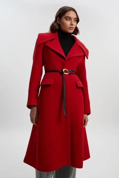 Karen Millen Wool Shawl Collar Belted Midi Coat - Red